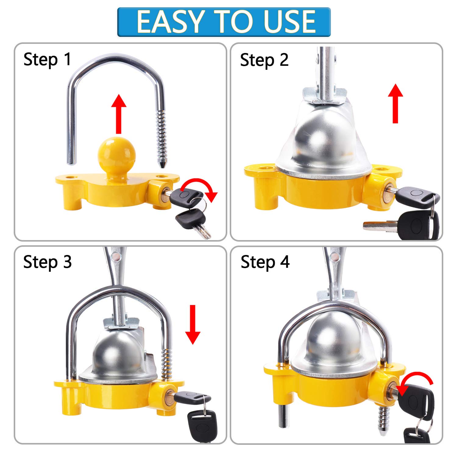 Tevlaphee Universal Trailer Ball Tow Hitch Lock Adjustable,Heavy-Duty Steel,Fit for Towing Caravan Trailer Security with 2 Keys Yellow