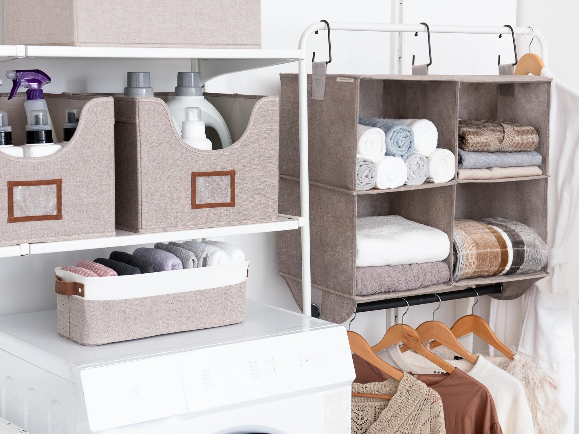 StorageWorks Hanging Closet Organizer with Garment Rod, 4 Section Closet Hanging Shelves, Hanging Clothes Cube Organizer, Mixing of Brown & Beige, 12 ¼" D x 24 ½" W x 28" H