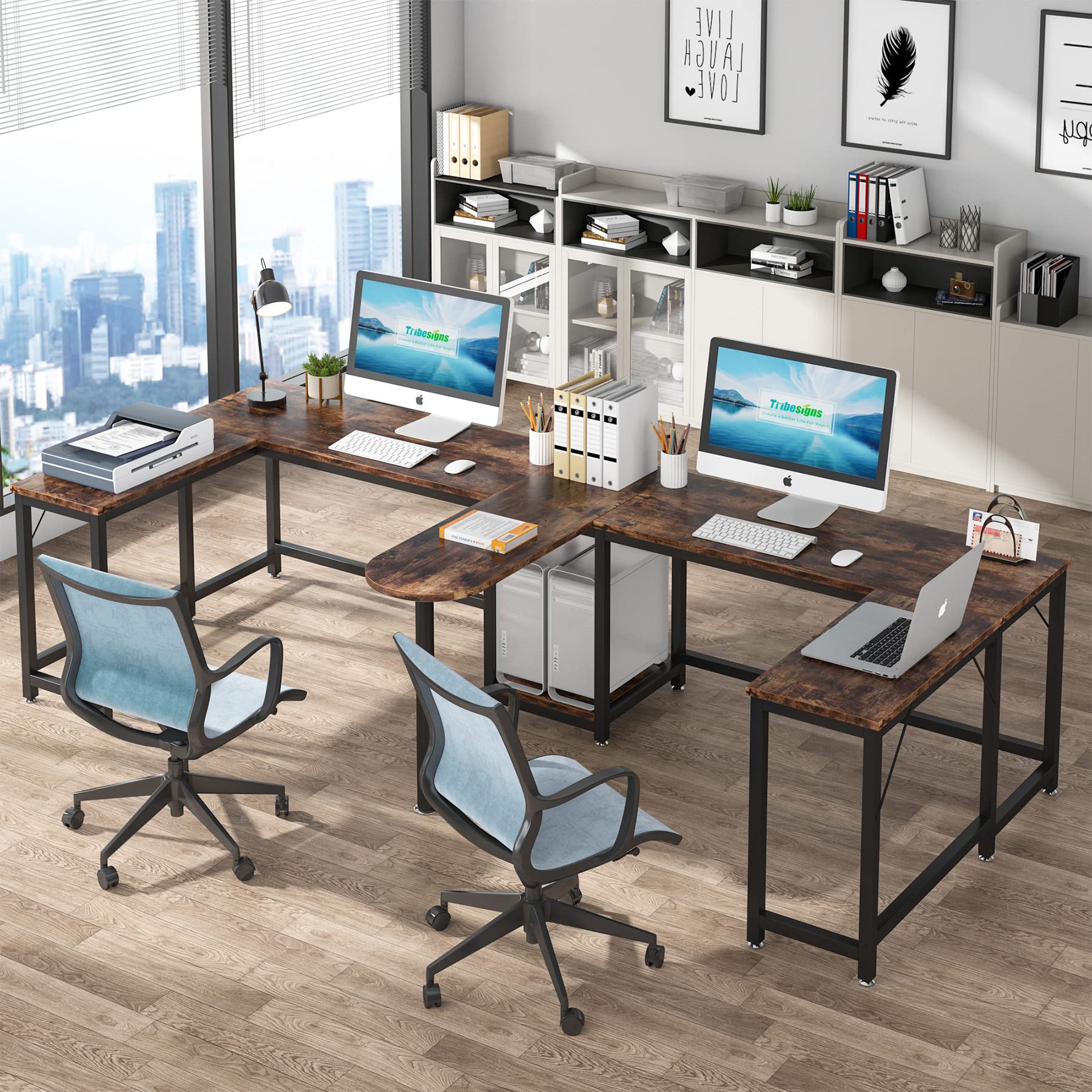 Tribesigns 126 inch Double Computer Desk, Extra Long Two Person Desk, U Shaped Large Office Desk Writing Table Computer Workstation with Printer Stand Shelf and Host Storage for Home Office
