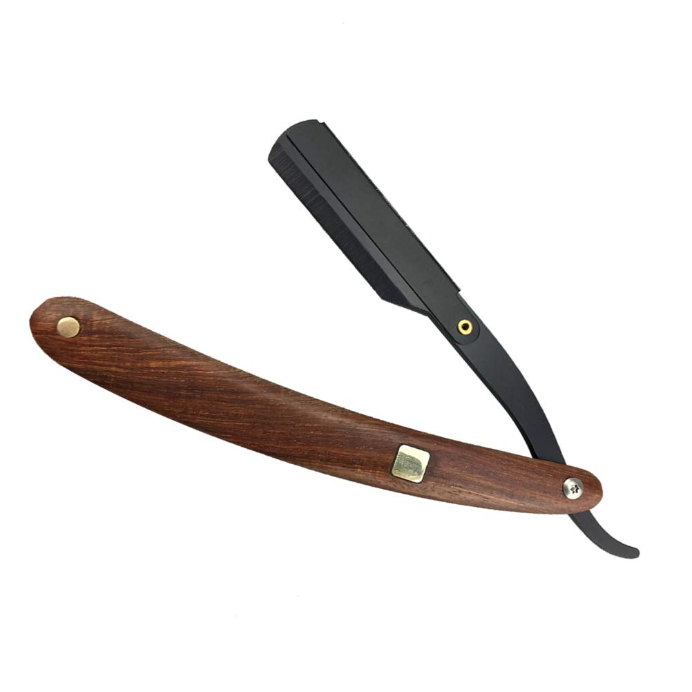 Uonlytech Wooden Handle Chic Straight Barber Edge Steel Razors Shaving Knife Folding Men Vintage Straight Edge Metal Hair Shaper Barber Razor without Blade