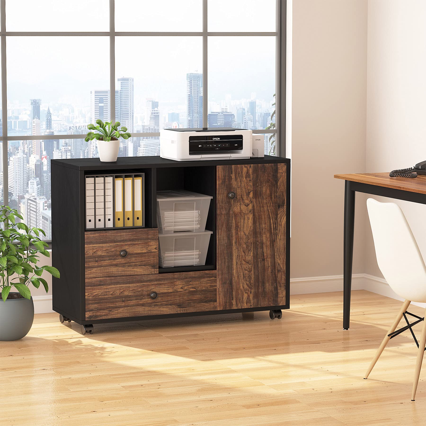 Tribesigns Lateral File Cabinet 2 Drawer,Wood Filing Cabinet with Wheels,Printer Stand with Storage Shelves for Home Office,Black & Brown