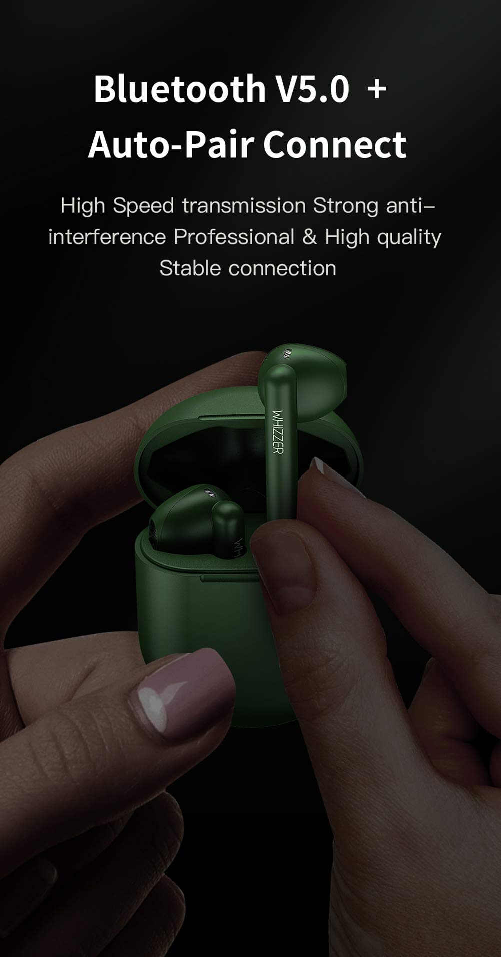True Wireless Half-Inear Bluetooth Headphones, WHIZZER-B7 Bluetooth 5.0 TWS HiFi Stereo Dual-Core Earbuds with Wireless Charging Case, Lightweight IPX5 Waterproof Headsets w/Mic for Sports (Green)