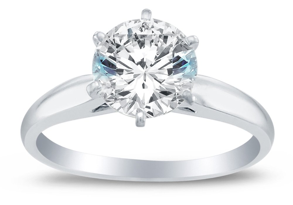 Size 6 - Solid 14k White Gold Classic Traditional Round Brilliant Cut Solitaire CZ Cubic Zirconia Engagement Ring 1.0ct.