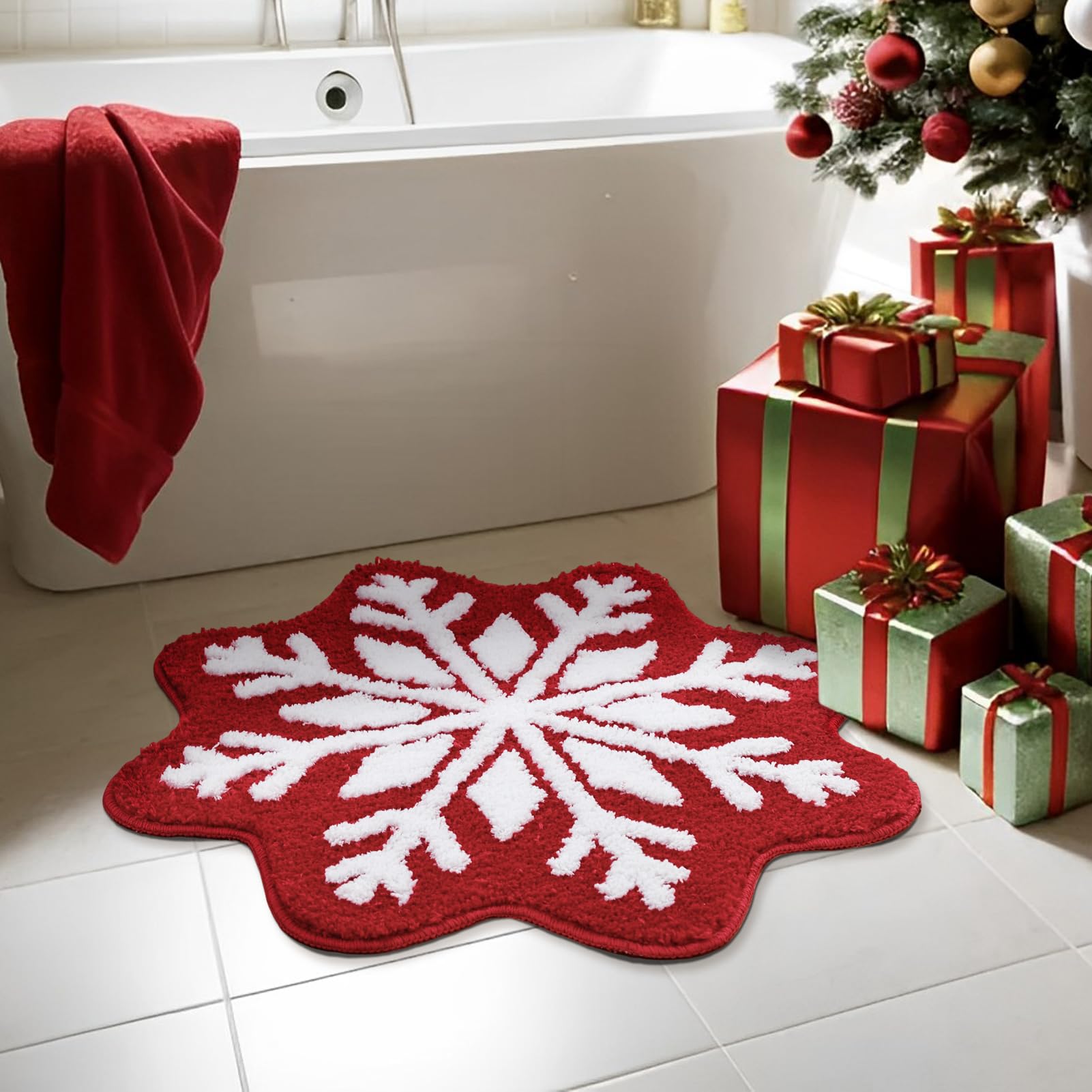 TRUEDAYS Red Christmas Decor Snowflake Bathroom Rug, Snowflake Welcome Mat Non Slip Round Shaped Washable Bathtub Rug Bathroom Tub Kitchen Rug Decoration
