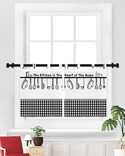Tab Top Window Curtain,Kitchen Cooking Utensil Black White Checker Tier Curtains Panels Kitchen Valance 2 Drapes,Heart of Home Quotes Light Filtering Window Treatment for Bathroom Bedroom Cafe