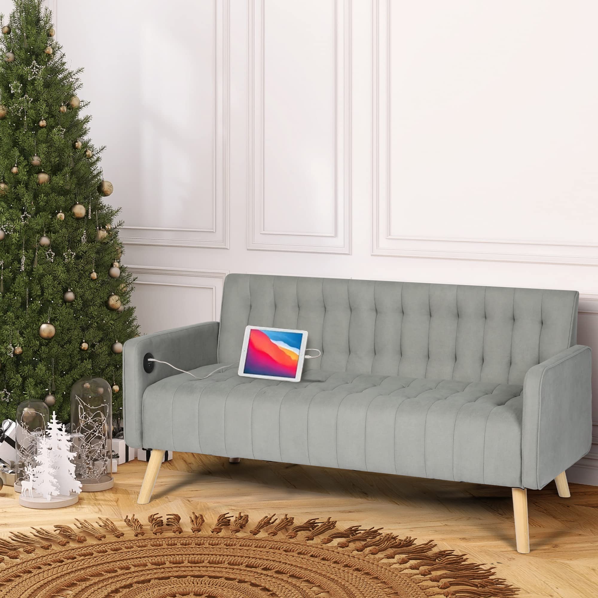 TYBOATLE 57“ Modern Striped Linen Upholstered Loveseat Sofa w/ 2 USB Charging Ports, Mid Century Couch for Small Space Configuration, Living Room, Office, Apartment, Dorm, Grey