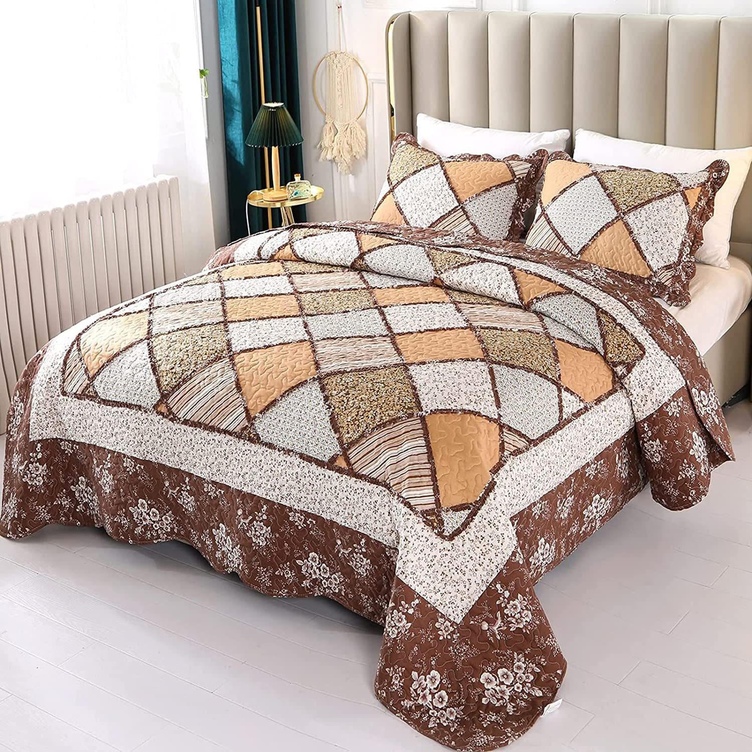 VIVILINEN Patchwork Quilt Set Queen Size 3-Piece Reversible Quilted Bedspread Coverlet Set Floral Stitched Comforter Bedding Set Bed Cover Throw Blanket with 2 Pillow Shams for All Season