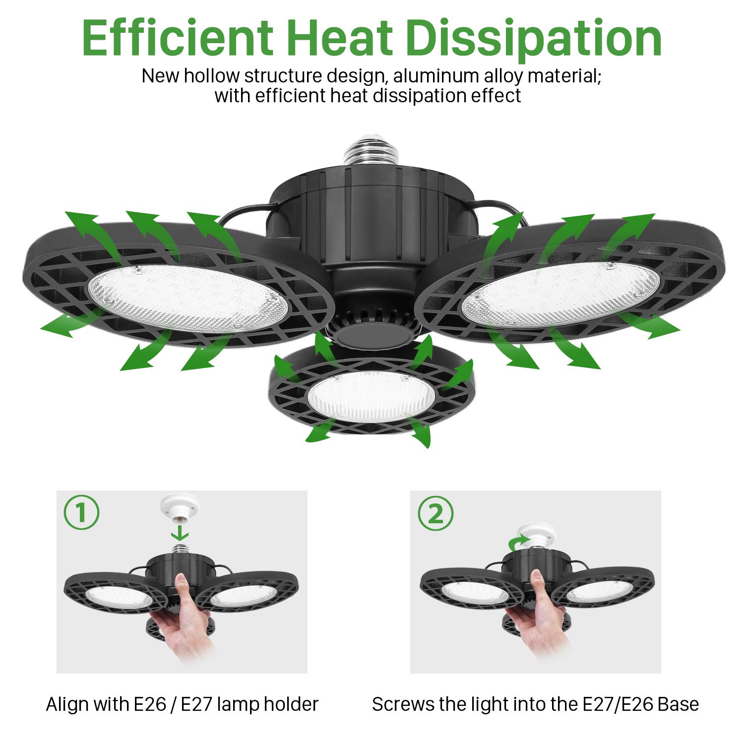 Triple Glow LED Garage Lights, New 6000Lumens Three Leaf Deformable Tribright Garage Light Ceiling LED with 3 Adjustable Panels, 60W E26 Illuminator 360 Garage Light Fixture for Garage, Barn, Shop