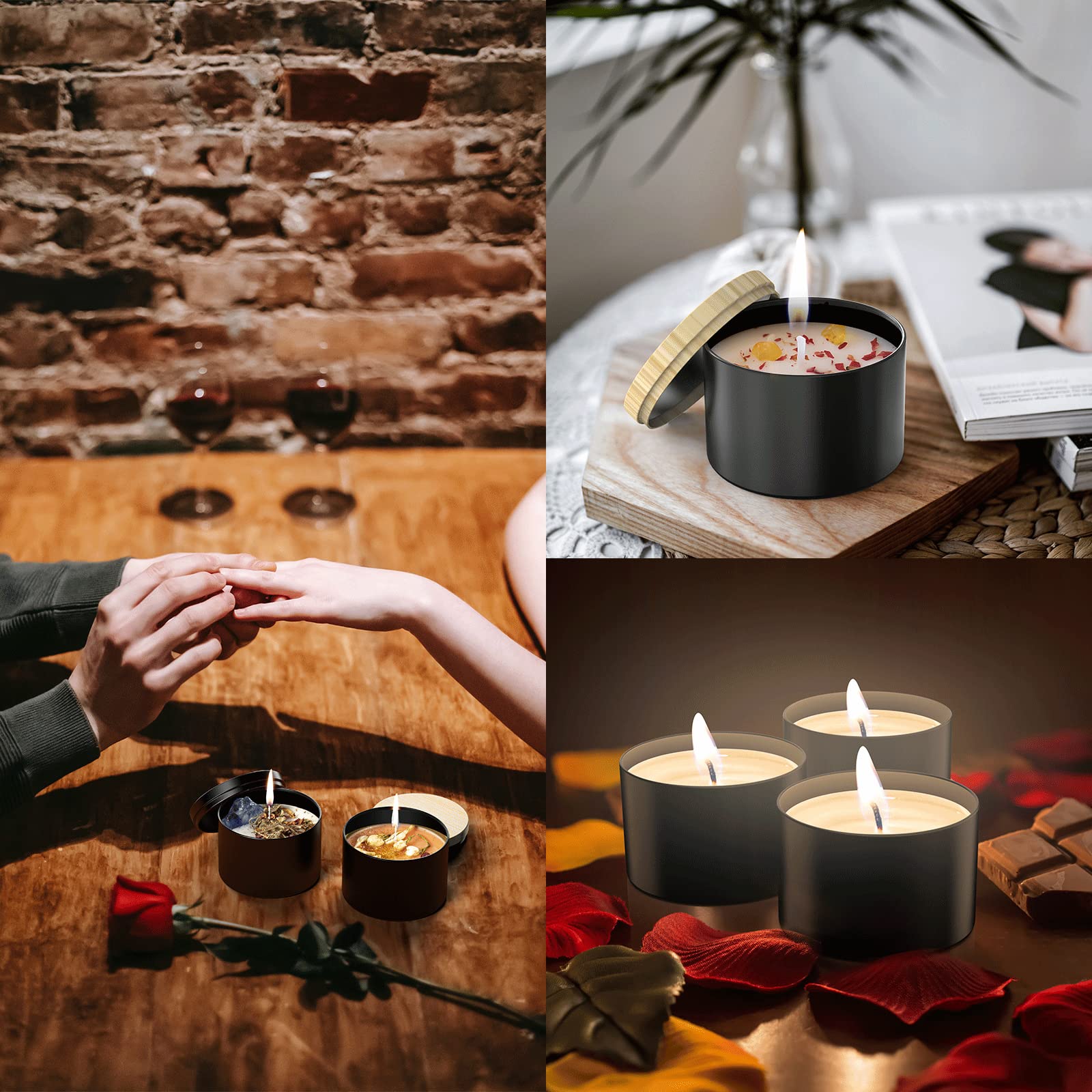 Upgraded 24 Pack Candle Tins 8 oz with Lids, Bulk Empty Candle Jars for Making Candles, Premium Metal Candle Containers, Round Candle Vessels Kit for Adults DIY Candle Making (Black and Wood Grain)