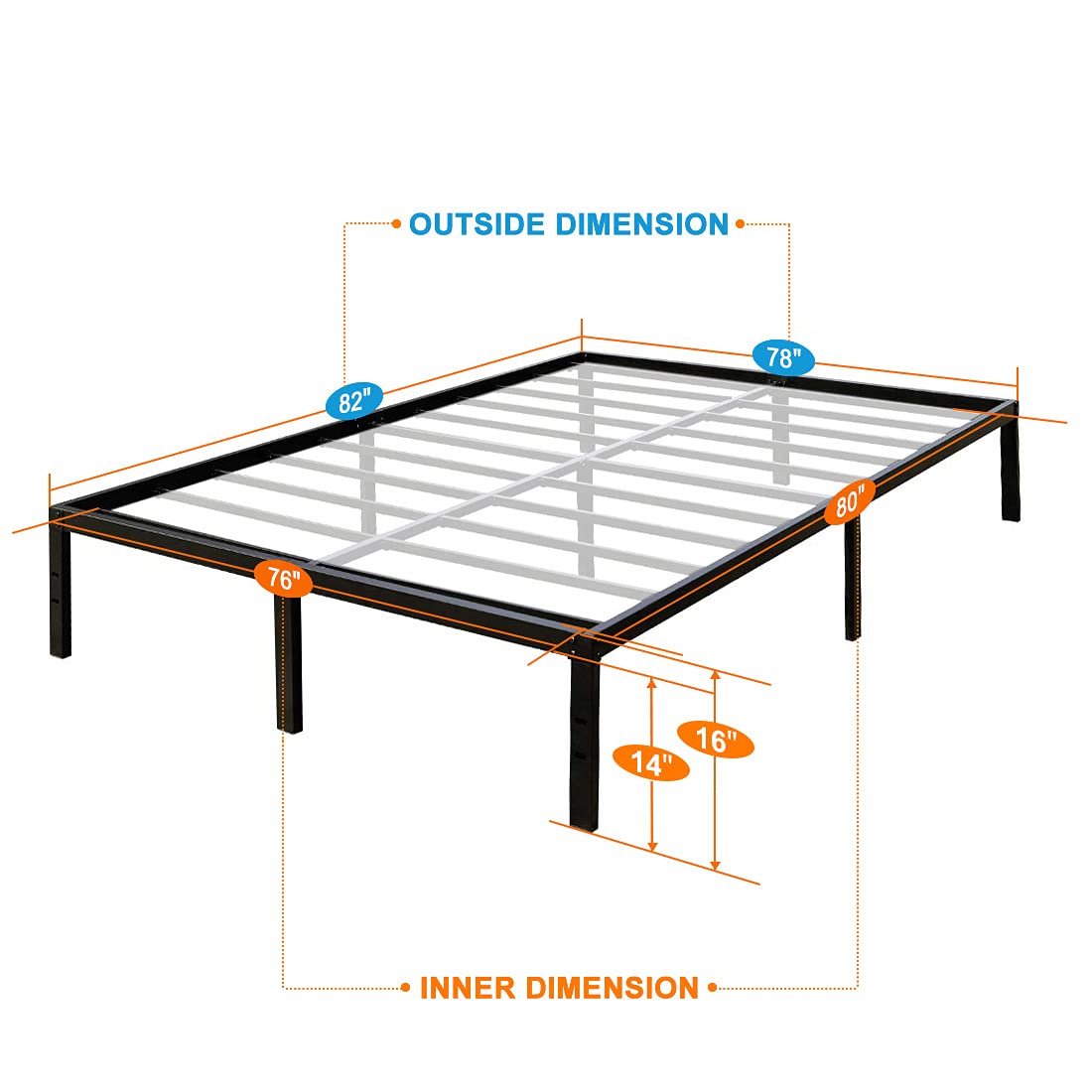 TATAGO 16 Inch Heavy Duty King Metal Bed Frame, 3500lbs Strong Support Platform Mattress Foundation, Non-Slip, No Noise & No Box Spring Needed