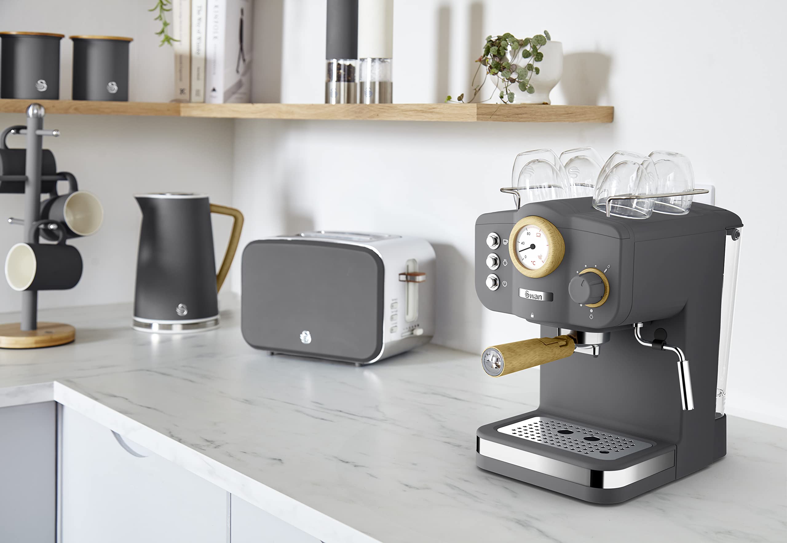 Swan Nordic Espresso Maker Machine, 15 Bars of Pressure, Milk Frother, 1.2L Tank, Scandi Style Matte Finish Slate Grey (SK22111GRYN)