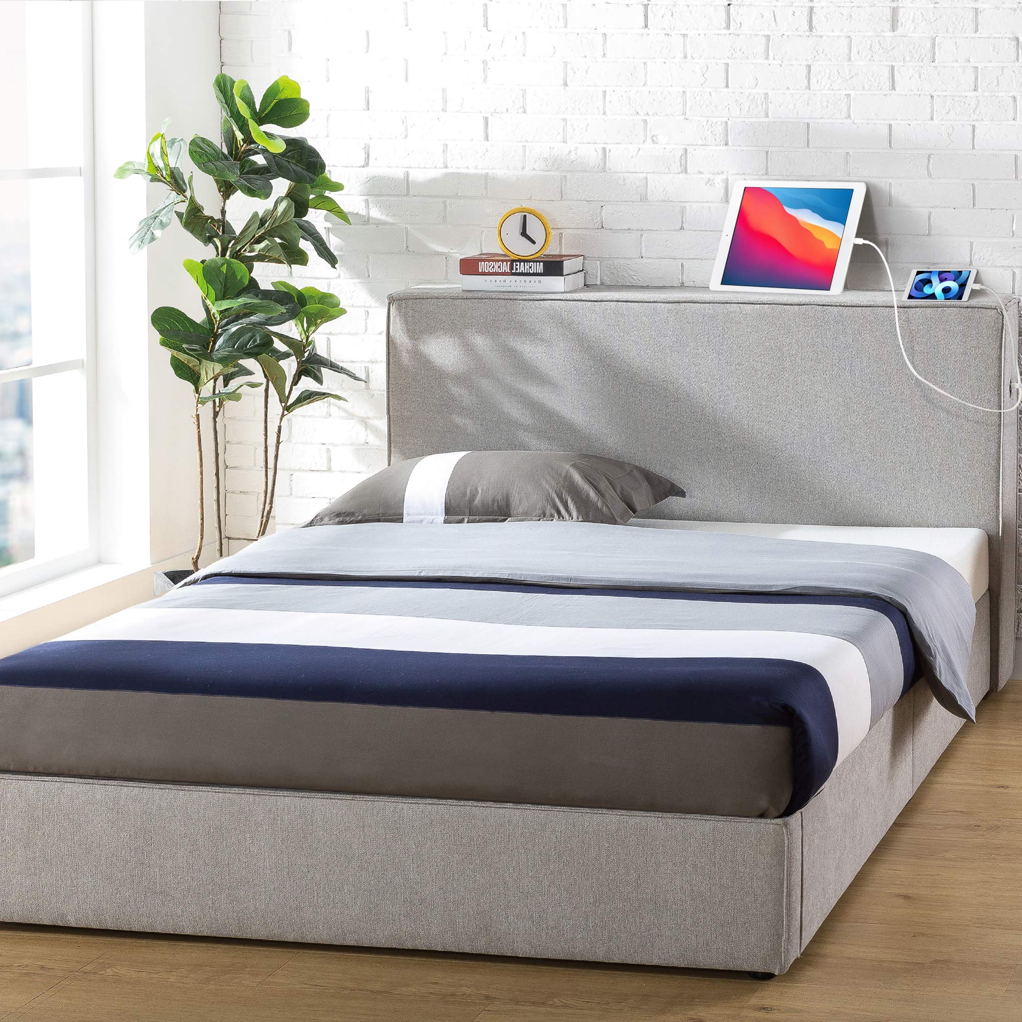 ZINUS Finley Upholstered Platform Bed Frame with Headboard Shelf / USB Ports Included / Wood Slat Support / No Box Spring Needed / Easy Assembly, Full