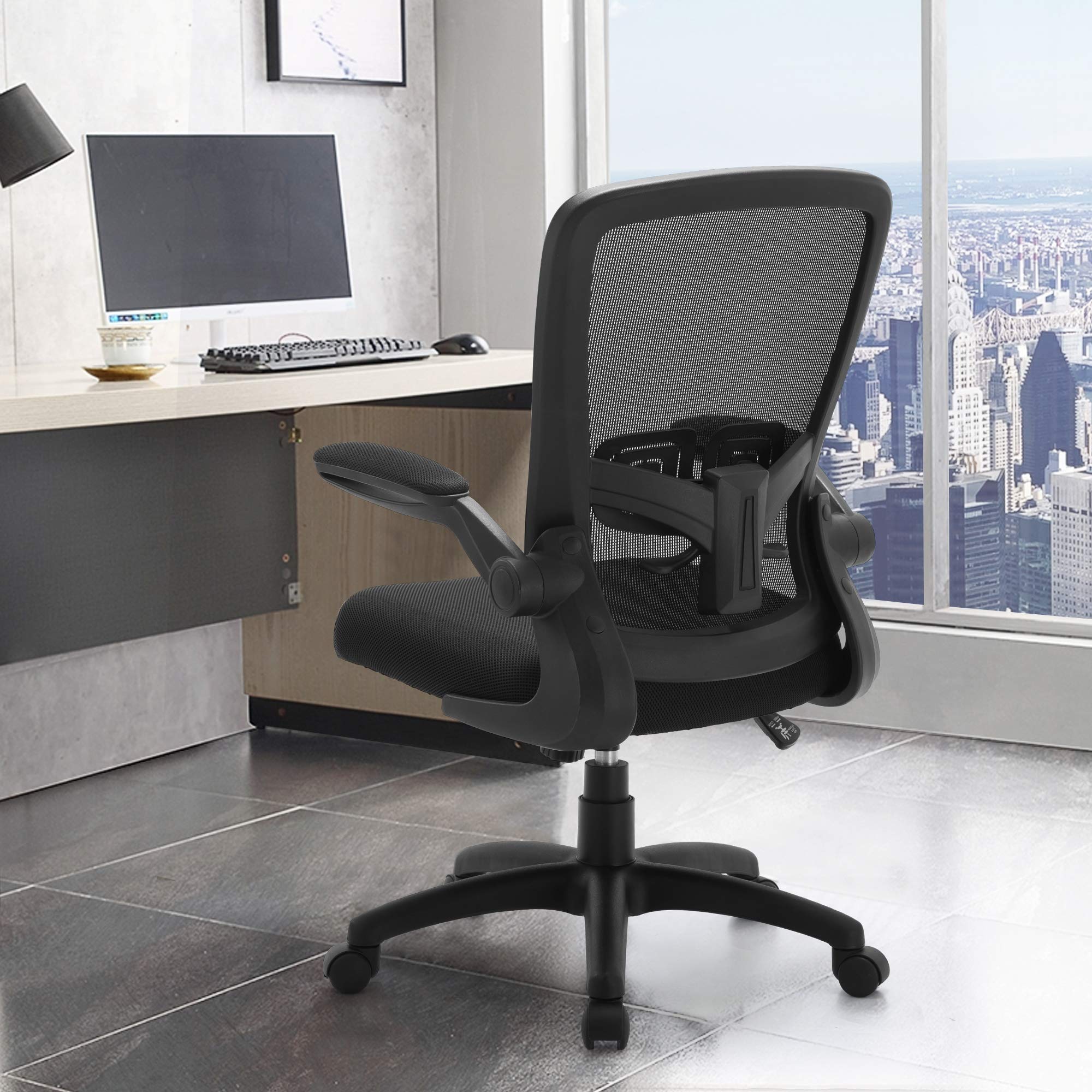 Upgraded Ergonomic Office Chair, Home Office Chair with Adjustable Lumbar Support, Ergonomic Desk Chair with Flip-up Armrests, Mesh Computer Chair with High Resilience Thickened Cushion, Black