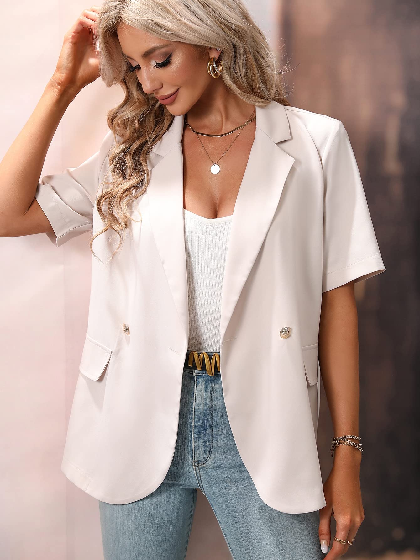 SweatyRocks Women's Casual Lapel Neck Pocket Blazer Short Sleeve Button Down Work Office Blazer Jacket Apricot L