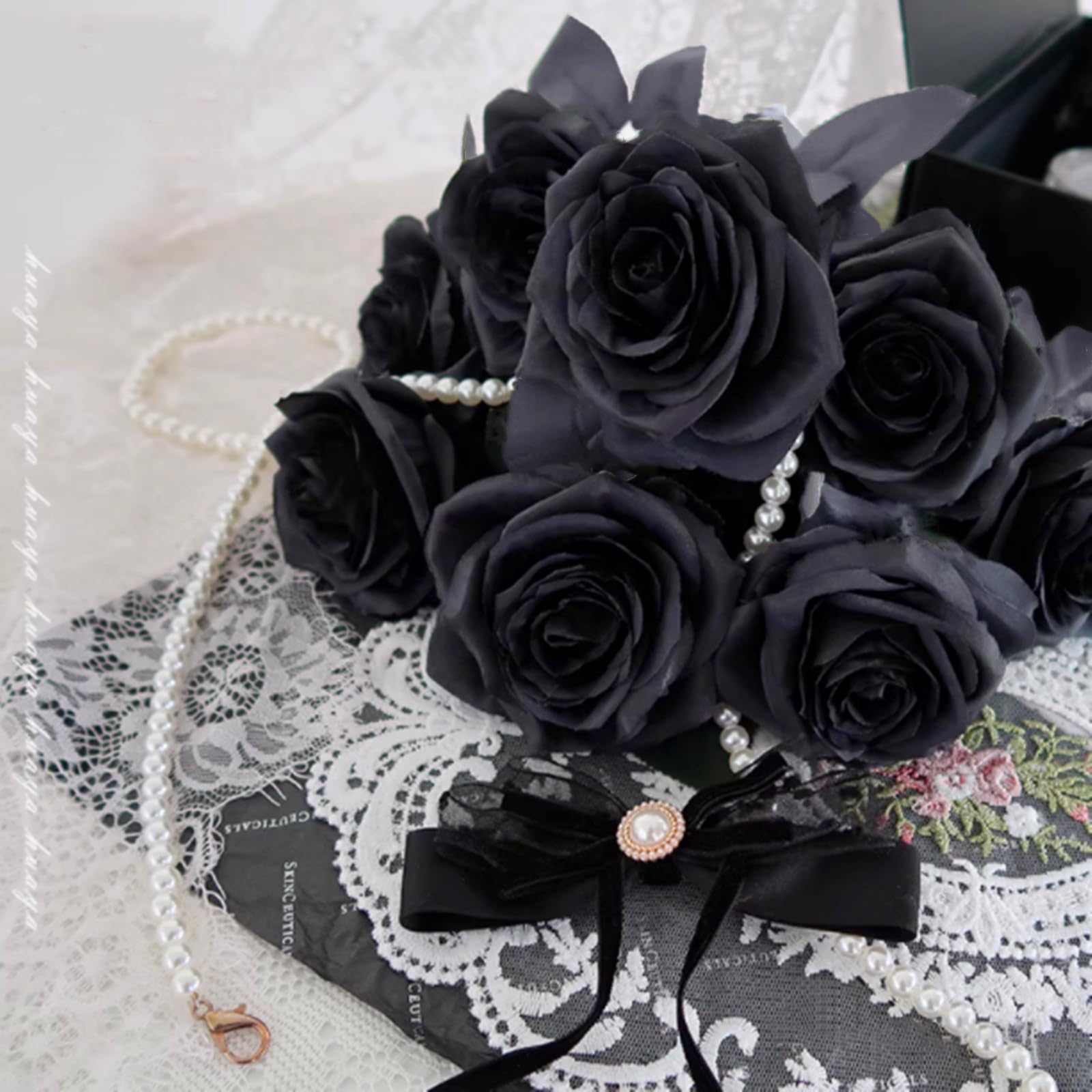 TUZAZO 10pcs Black Roses Artificial Flowers with Stems, Faux Silk Flowers Bridal Gothic Wedding Bouquet, Realistic Blossom Flora for Home, Office, Hotel Decorations