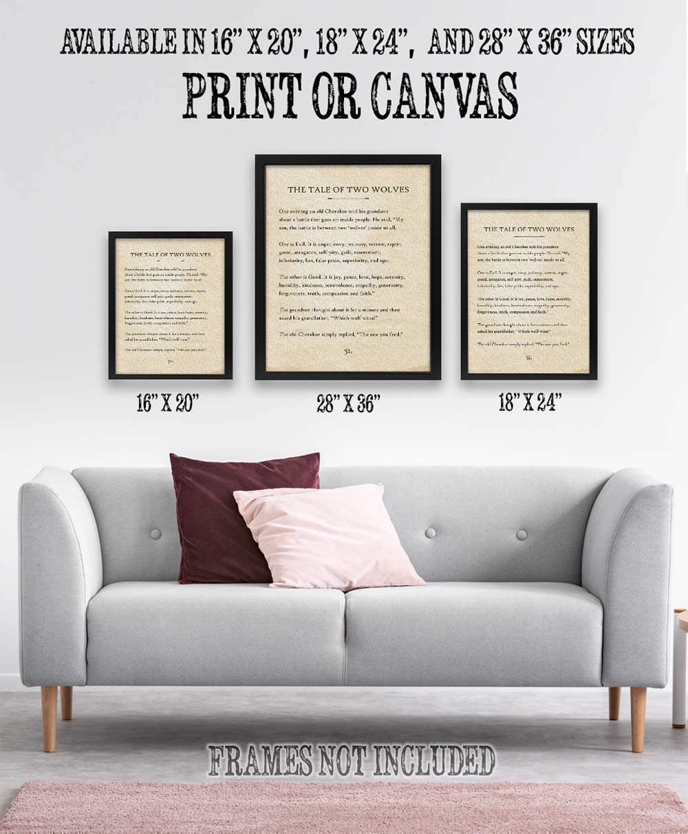 The Tale of Two Wolves Cherokee Poster - Canvas or Poster Native American Book Page Print - Great Motivational and Inspirational Gift for Home and Office Native American Decor for Home
