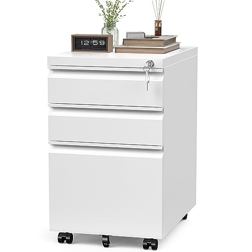 Sweetcrispy 3 Drawer File Cabinet with Lock, Mobile Rolling Under Desk Metal Filing Cabinet, A4/Letter/Legal Pre-Assembled & Wheels Home Office Vertical File Cabinet -White