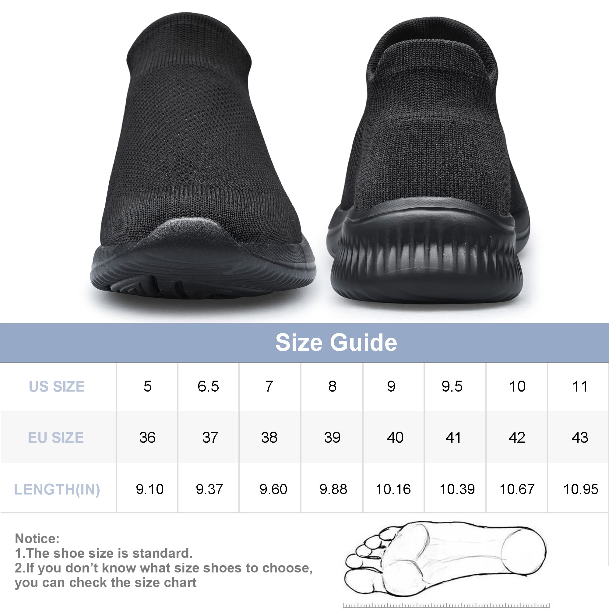Women's Walking Shoes Sock Sneakers Slip on Work Shoes Zapatos de Mujer All Black Size 9