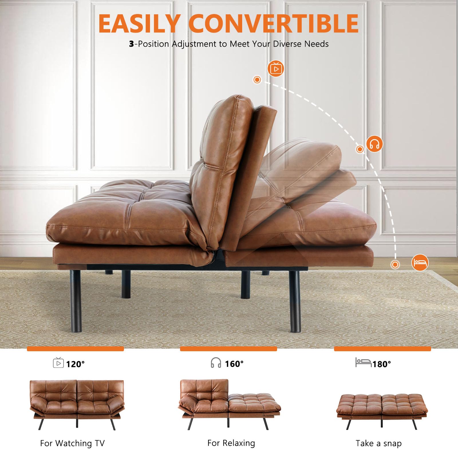 Sweetcrispy Futon Sofa Bed - Leather Sofa Futon Couch, Memory Foam Couch, Convertible Loveseat for Living Room, Leather, Brown
