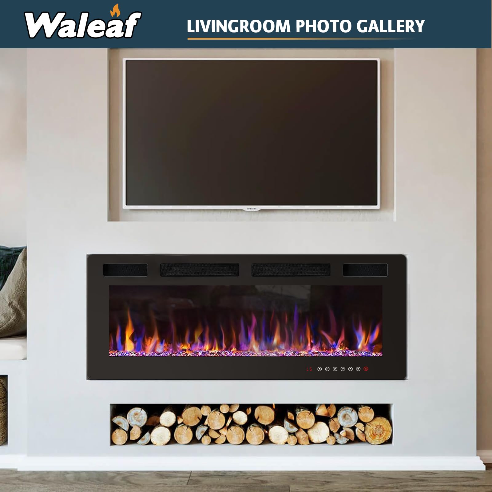Waleaf 50 inch Ultra-Thin Electric Fireplace Wall Mounted/Recessed,Fireplace Heater with Multicolor Flame,Timer Low Noise 750/1500W,with Remote Control Touch Screen