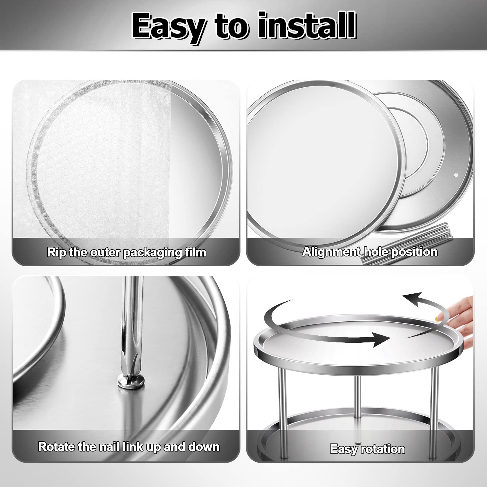 Zubebe 4 Pcs Stainless Steel Lazy Susan 2 Tier Rotating Spice Rack Lazy Susan Spice Rack Organizer for Cabinet 360 Degree Spice Rack Turntable Tray Kitchen Counter Cabinet Pantry Storage, 10.5 in