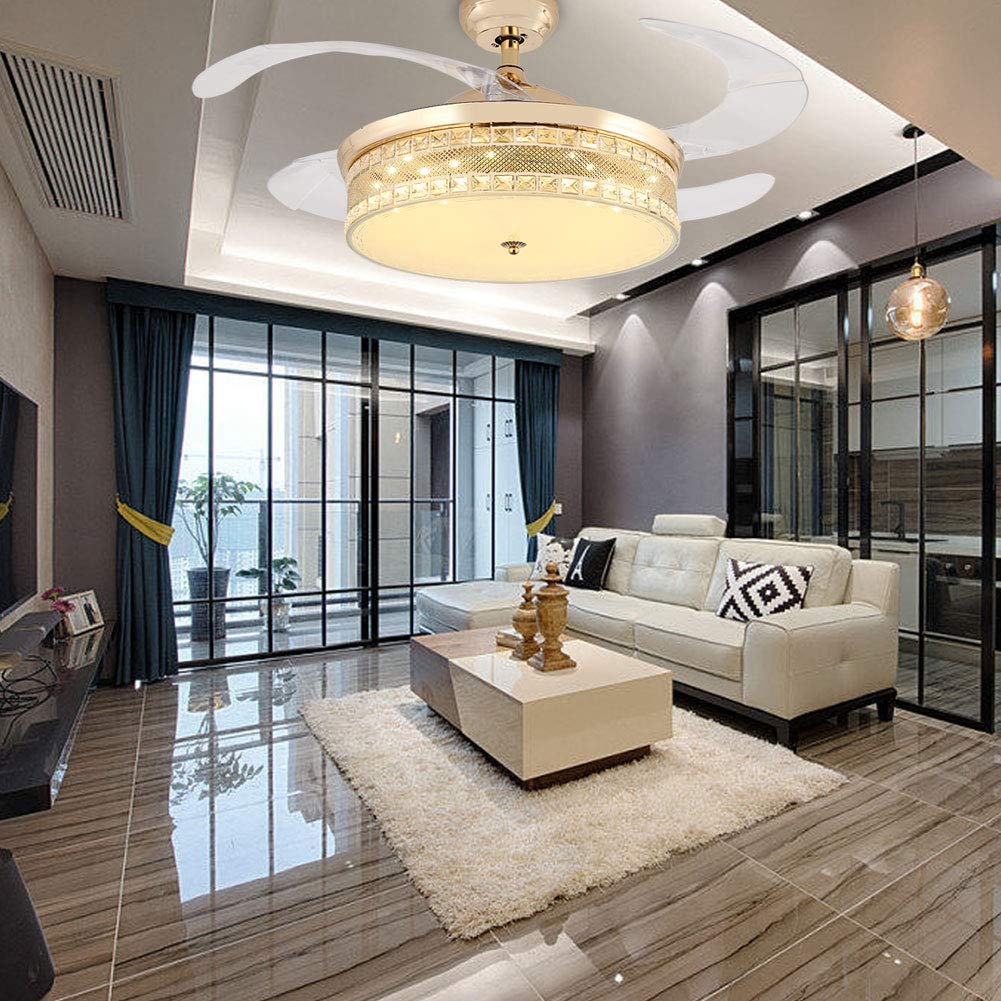 US DELIVER 42" Crystal Ceiling Fan Chandelier Retractable Blade Ceiling Fan with Light Dimmable Ceiling Fan Lamp Fandelier with Remote Control 3-Color 3-Speed 2 Down Rod (Golden)