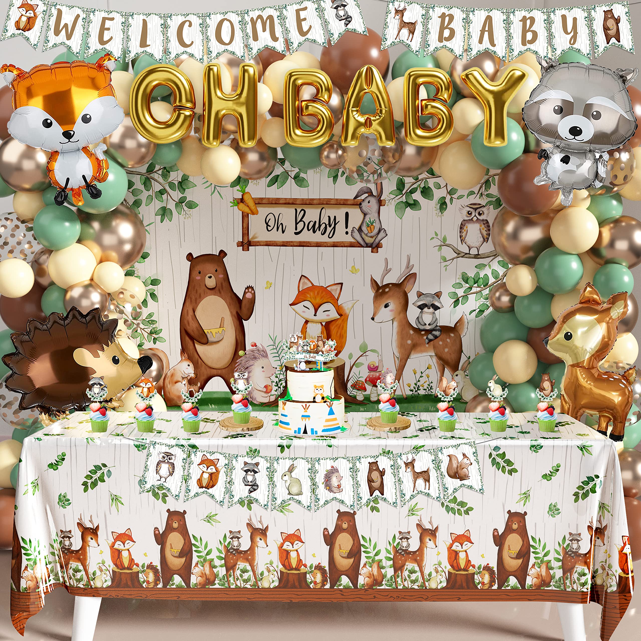 Woodland Animals Baby Shower Decoration Pack Forest Animal Neutral Gender Reveal Party Supplies Woodland Themed Birthday Party Ideas Set 106 Pcs Backdrop, Tablecloth, Cake Toppers, Balloons (Woodland