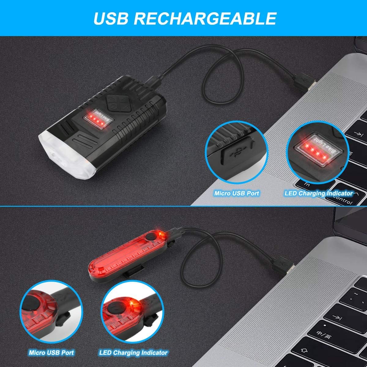 USB Rechargeable Bike Light and Tail Light Set with Alarm Horn, Super Bright Waterproof Bicycle Headlight Taillight Combinations Front Back Light & Bell for Cycling Riding Safety Warning