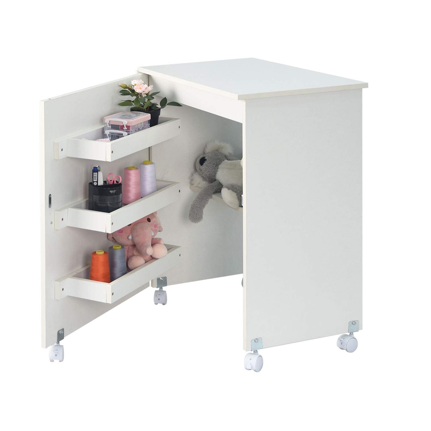 Usinso Folding Sewing Table Multifunctional Sewing Machine Cart Table Sewing Craft Cabinet with Storage Shelves Portable Rolling Sewing Desk Computer Desk with Lockable Casters(White)