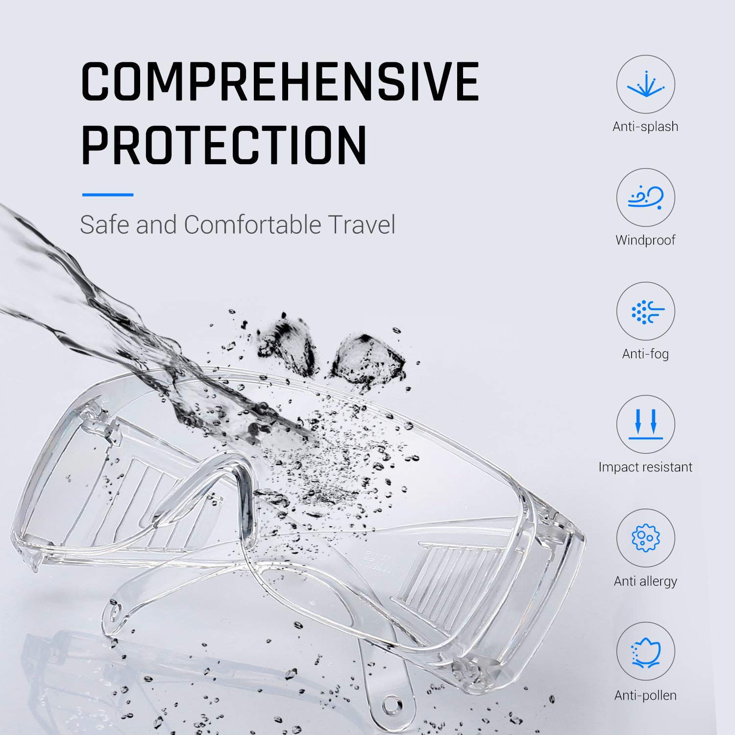 WOOLIKE Safety Goggles with Anti-fog Lens Over Glasses Goggles for Nurses Protective Goggles Clear Lens FA-04 (Transparent)