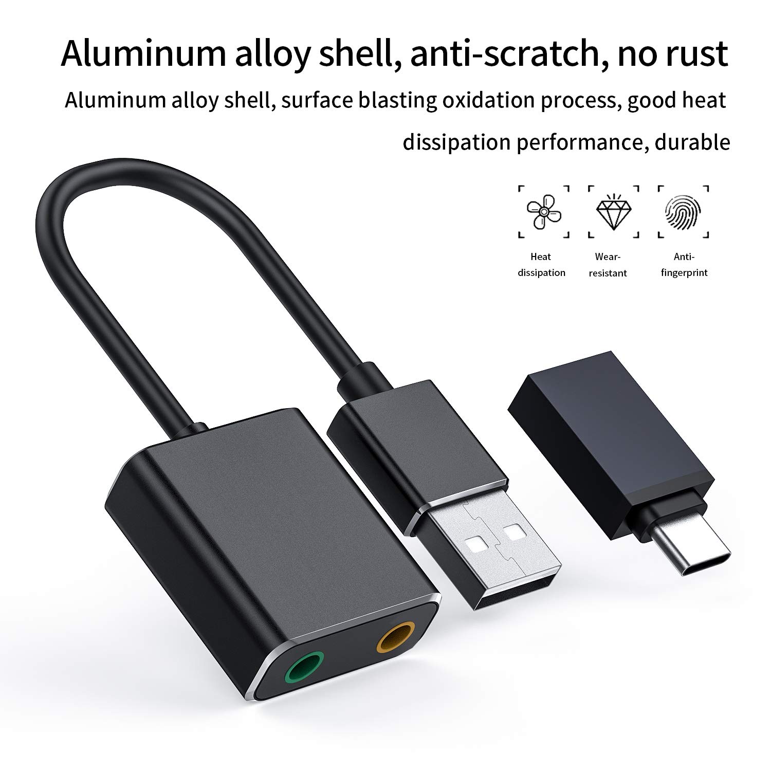 USB Audio Adapter External Stereo Sound Card with 3.5mm Headphone and Microphone Jack, Suitable for Windows, Mac, Linux, PC, Mobile Phone, Laptop, Desktop (with Type-c Adapter)