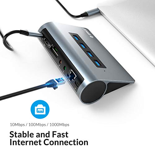 USB C HUB, ORICO 11 in 1 USB C Adapter Docking Station with Gigabit Ethernet Port, 4K HDMI, 4 USB 3.0 Ports, 60W USB C Power Delivery Charging, Audio, SD/TF Cards Reader for MacBook Pro, ChromeBook, X