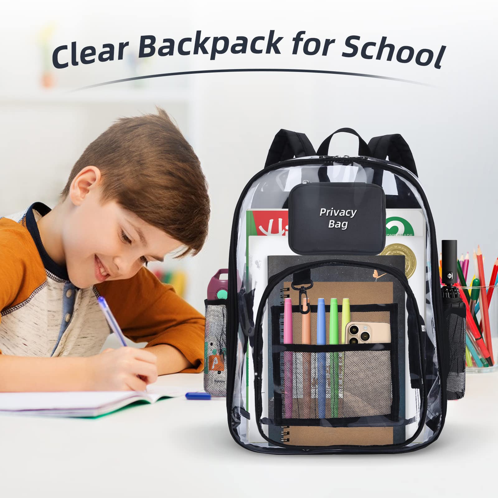WQSS AOEIU Clear Backpacks for School Heavy Duty Clear Backpack Stadium Approved Transparent Backpack See Through Plastic Bookbag for Kids Boy Girls (Black)