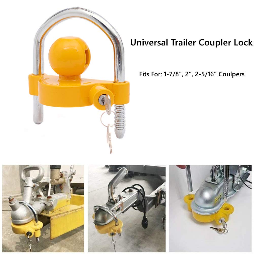 UCUT Trailer Lock Universal Coupler Ball Lock Fits 1-7/8", 2", and 2-5/16" Couplers, Boat Camper Accessories for Travel Trailers Adjustable Heavy-Duty Steel Hitch Lock with 2 Keys