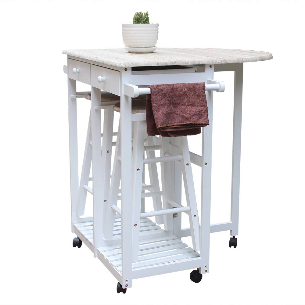 UDeuxff Bar Table and Chairs Set,Solid Wood Folding Dining Cart with 2 Free Stools for 2,Kitchen,Small Spaces (B)