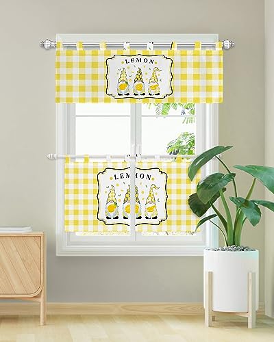 Tab Top Curtain Valance and Tiers Set,Summer Fruit Gnome with Farmhouse Lemon Light Filtering Kitchen Curtains Valances,Yellow White Buffalo Check Pastoral Cafe Window Treatment Drapes for Bedroom