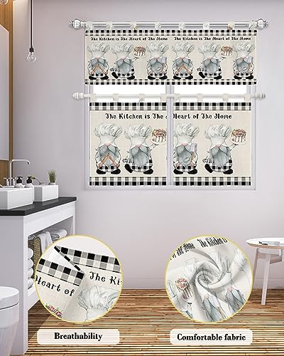 Tab Top Curtain Valance and Tiers Set,Chef Dwarf Cake Black Buffalo Plaid Light Filtering Kitchen Curtains Valances,Dessert Cooking Utensil Retro Linen Cafe Window Treatment Drapes for Bedroom
