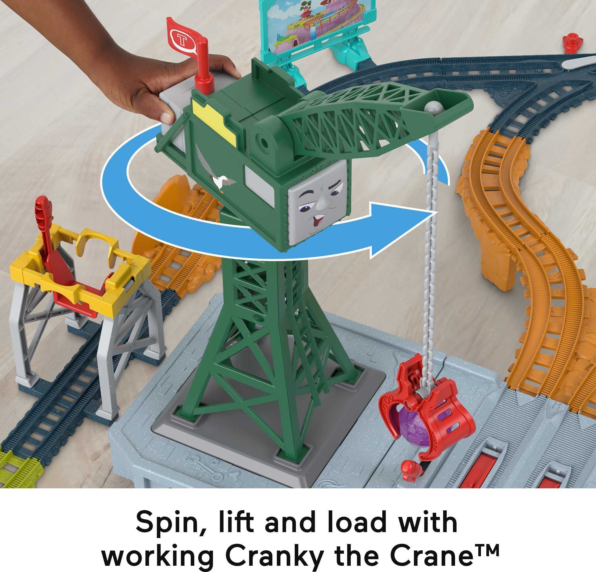 Thomas & Friends Motorized Toy Train Set, Talking Cranky Delivery with Track, Sounds & Phrases for Pretend Play Preschool Kids Ages 3+ Years
