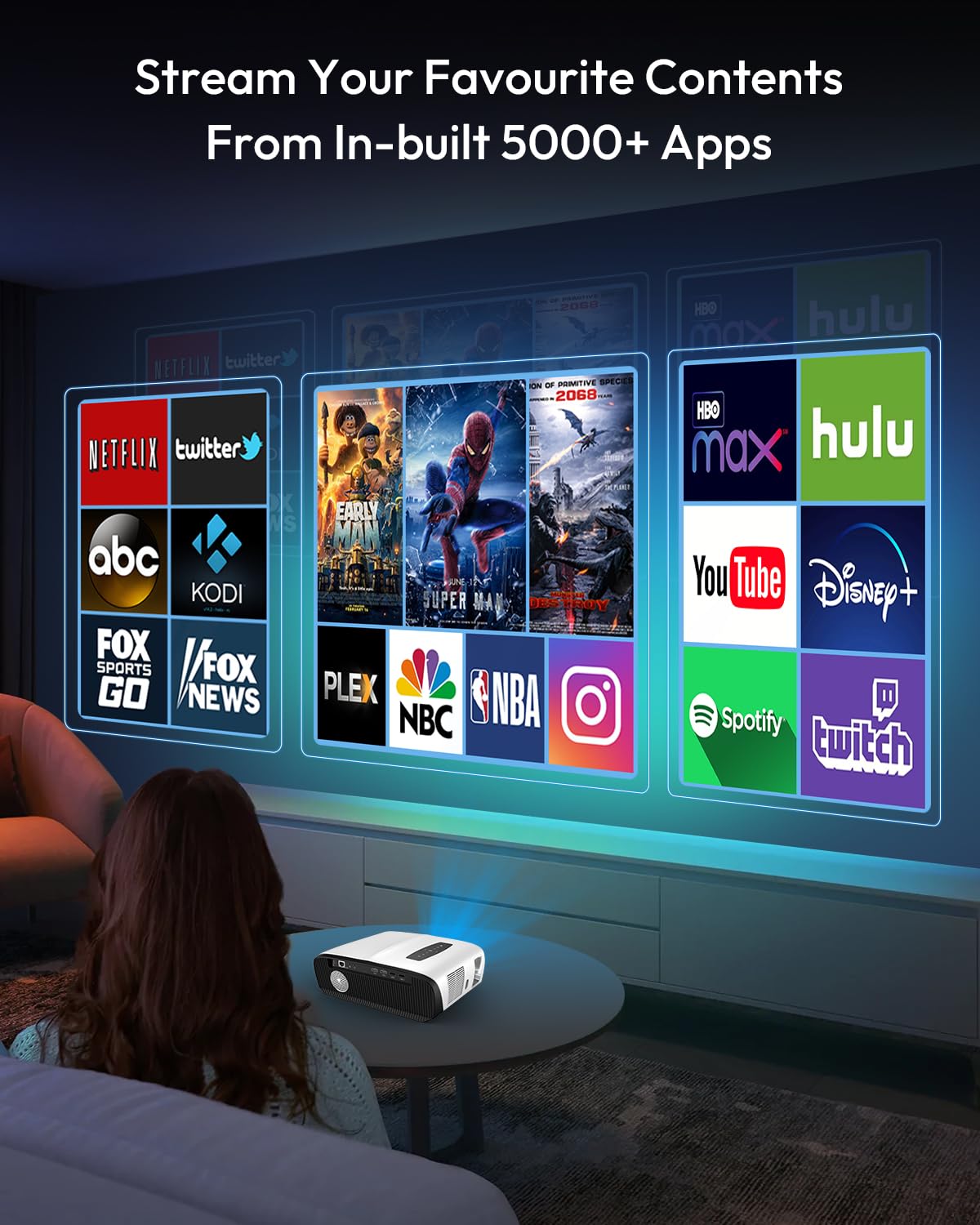 UHD 4K Projector with 5G Wifi Bluetooth, Home Cinema Daytime Projector for Gaming Office Works 13,000Lumens LCD Smart Projectors Wireless Casting with iPhone Laptop Netflix Disney+