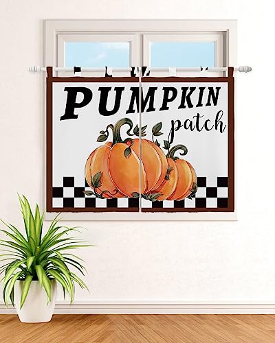 Tab Top Window Curtain,Autumn Farm Orange Pumpkins Patch Tier Curtains Panels Kitchen Valance 2 Drapes,Fall Harvest Black White Checkered Light Filtering Window Treatment for Bathroom Bedroom Cafe