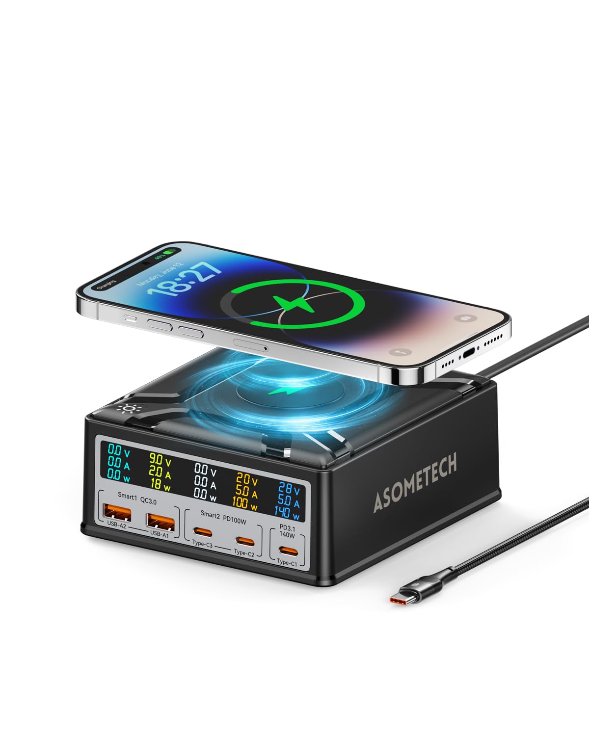 USB Charging Station,ASOMETECH 260W 5Ports Fast USB C Charging Station,140W PD3.1 USB C GaN Charger with LCD Display,Wireless Charger,Desktop USB Charging Hub for MacBook Pro/Air,iPad,iPhone,Samsung