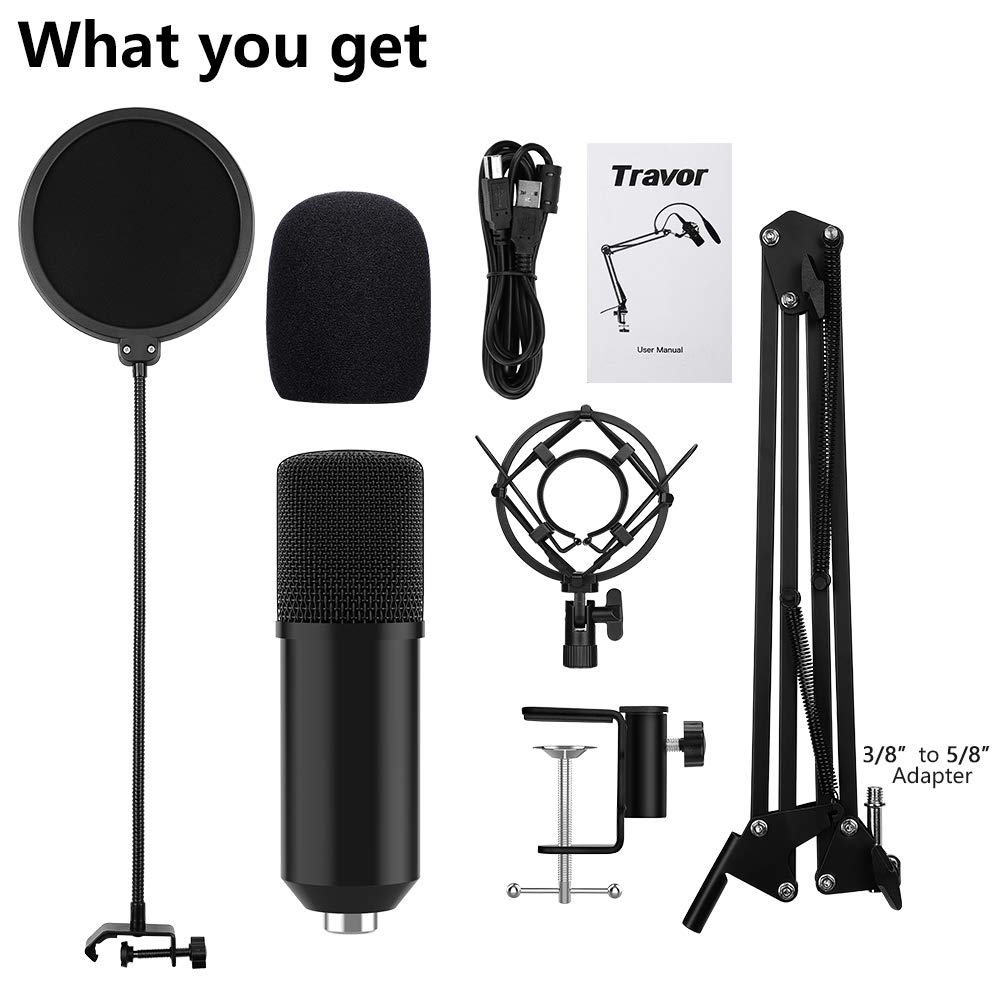 USB Condenser Microphone, Travor 192KHZ/24Bit Plug & Play PC Streaming Mic, USB Microphone Kit with Professional Sound Chipset Boom Arm Set, Studio Cardioid Mic for Recording YouTube Gaming Podcasting