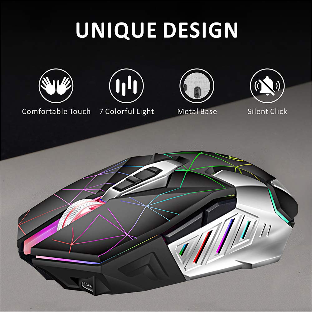 Uiosmuph G10 LED Wireless Gaming Mouse, 2.4G Optical Rechargeable Wireless Mouse, Silent Wireless Computer Mouse with LED Light and Metal Base (Black)