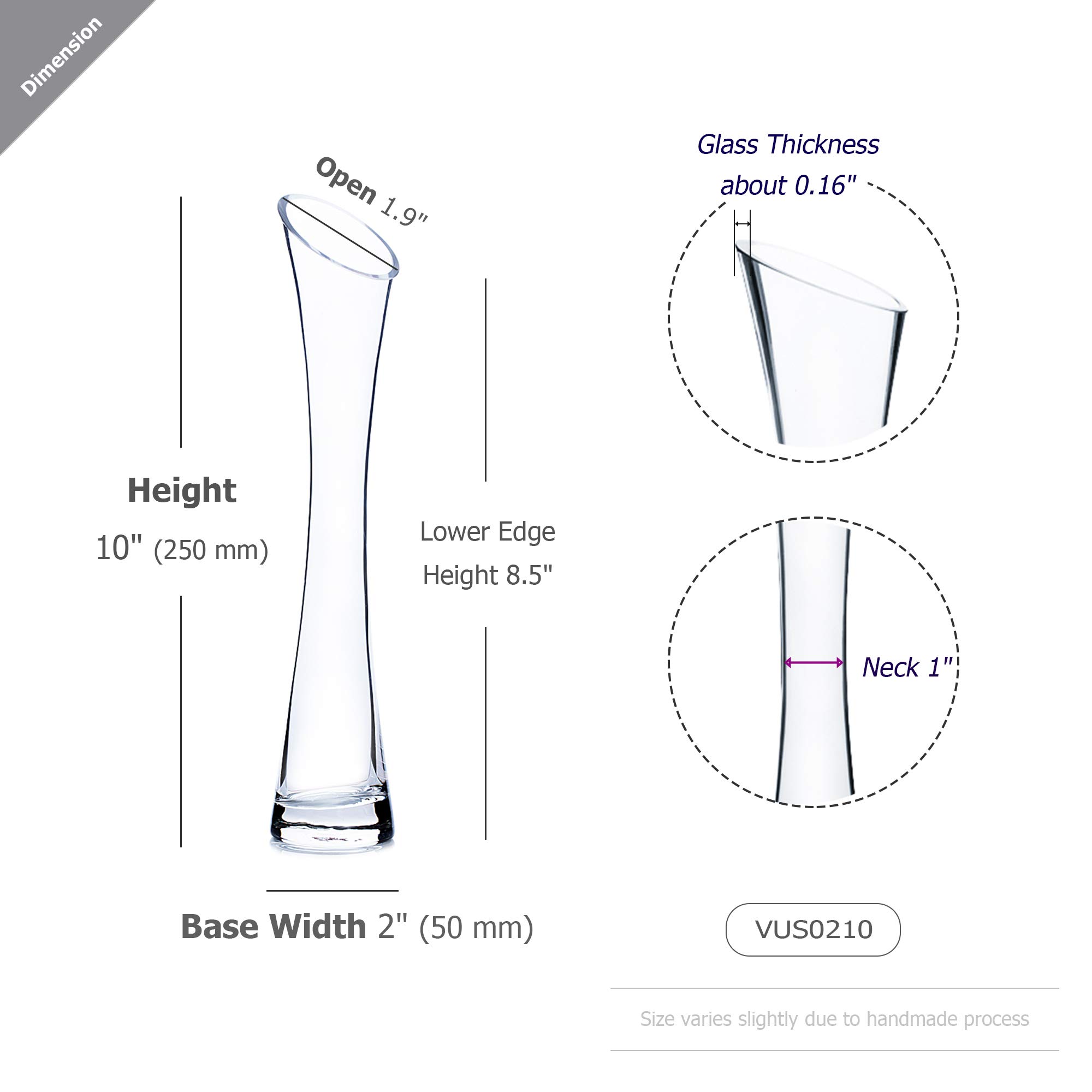 WGV Maria Bud Vase Bulk, Width 2", Height 10", Clear Slant Cut Opening Gathering Concaved Glass Floral Container Centerpiece for Wedding Party Event Home Office Decor, 6 Pieces