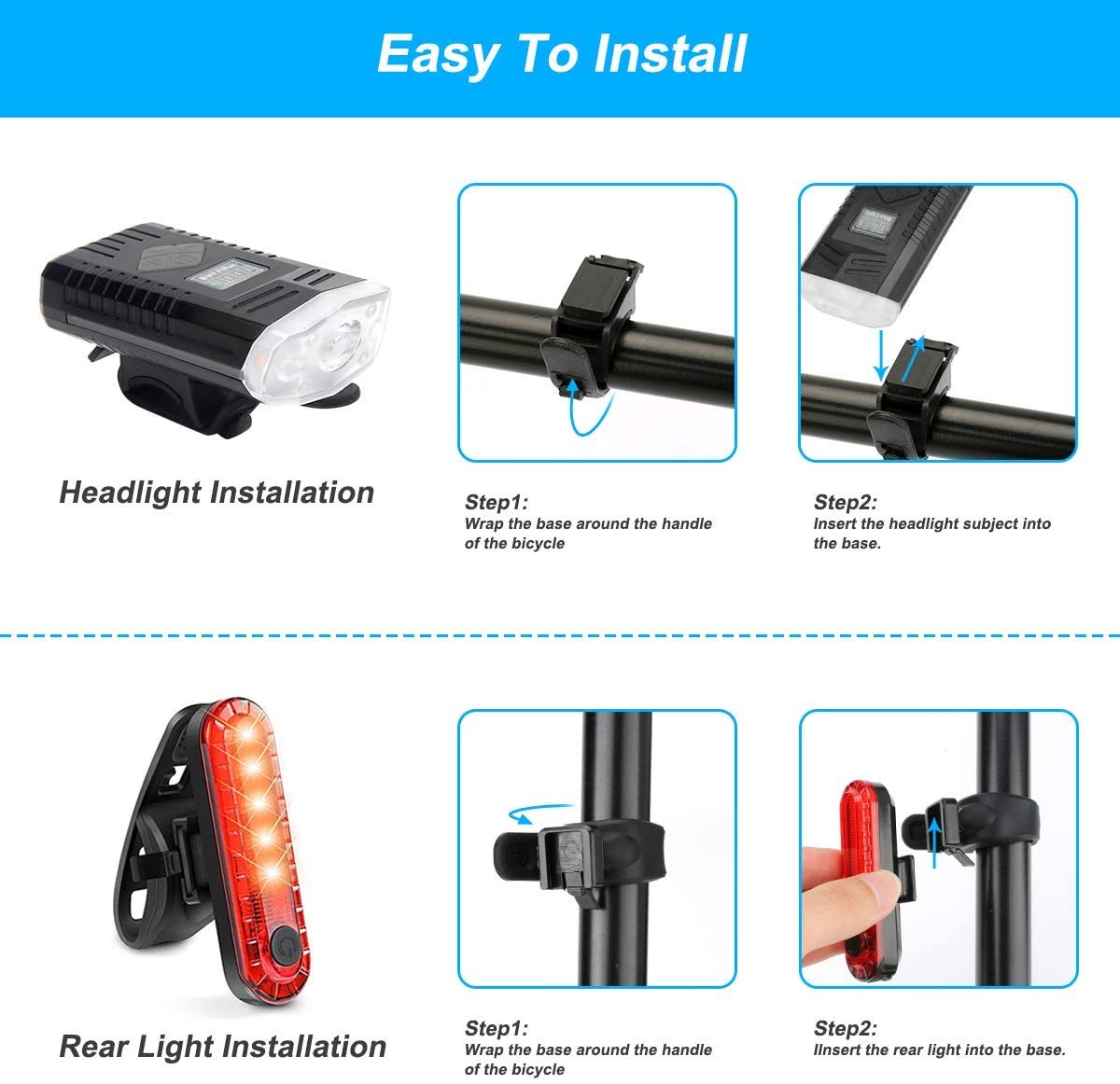 USB Rechargeable Bike Light and Tail Light Set with Alarm Horn, Super Bright Waterproof Bicycle Headlight Taillight Combinations Front Back Light & Bell for Cycling Riding Safety Warning