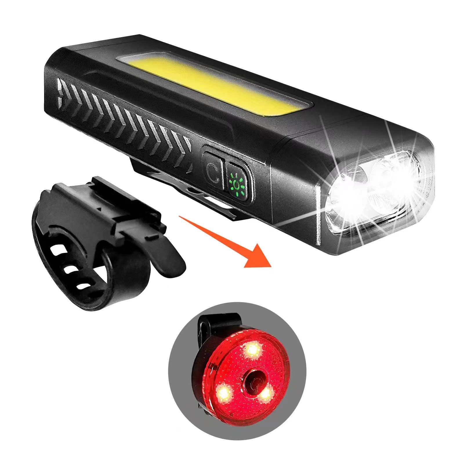 USB Rechargeable Bike Front Lights - 1000 Lumens Headlight & Tail Light Set-with COB Light- Water Resistant - Fits All Bicycles, Hybrid, Road, MTB