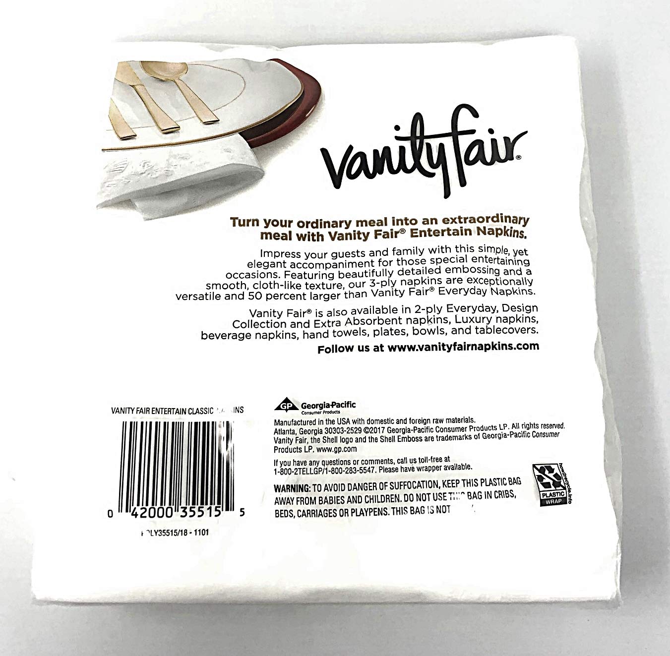 Vanity Fair Entertain Dinner Napkins, 40 Count, White Paper Napkins (Pack of 2)