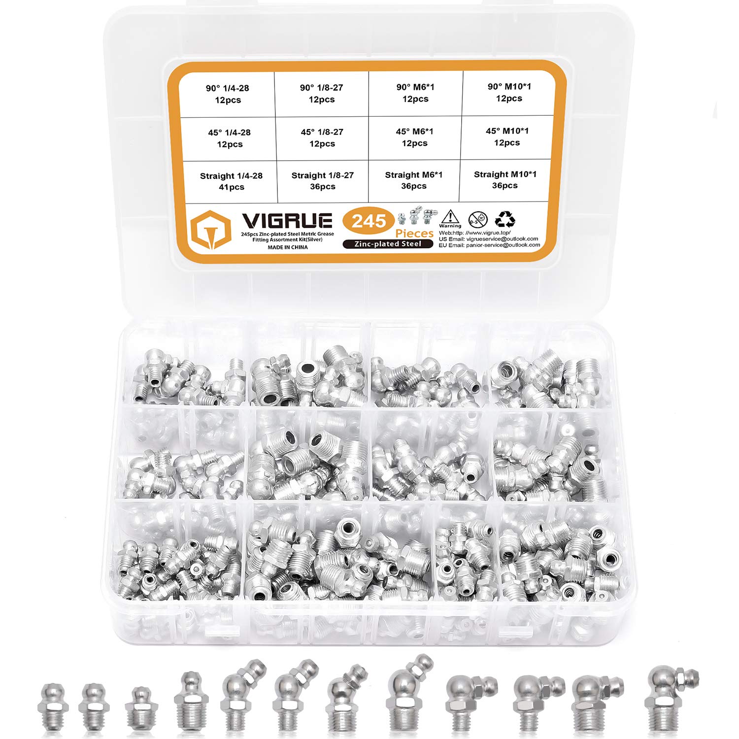 VIGRUE Grease Fittings, 245 Pieces SAE & Metric Grease Fitting Assortment Kit, Standard Grease Fittings Grease Zerks, Straight and Angled Perfect for Replacing Missing or Broken Zerk Fitting
