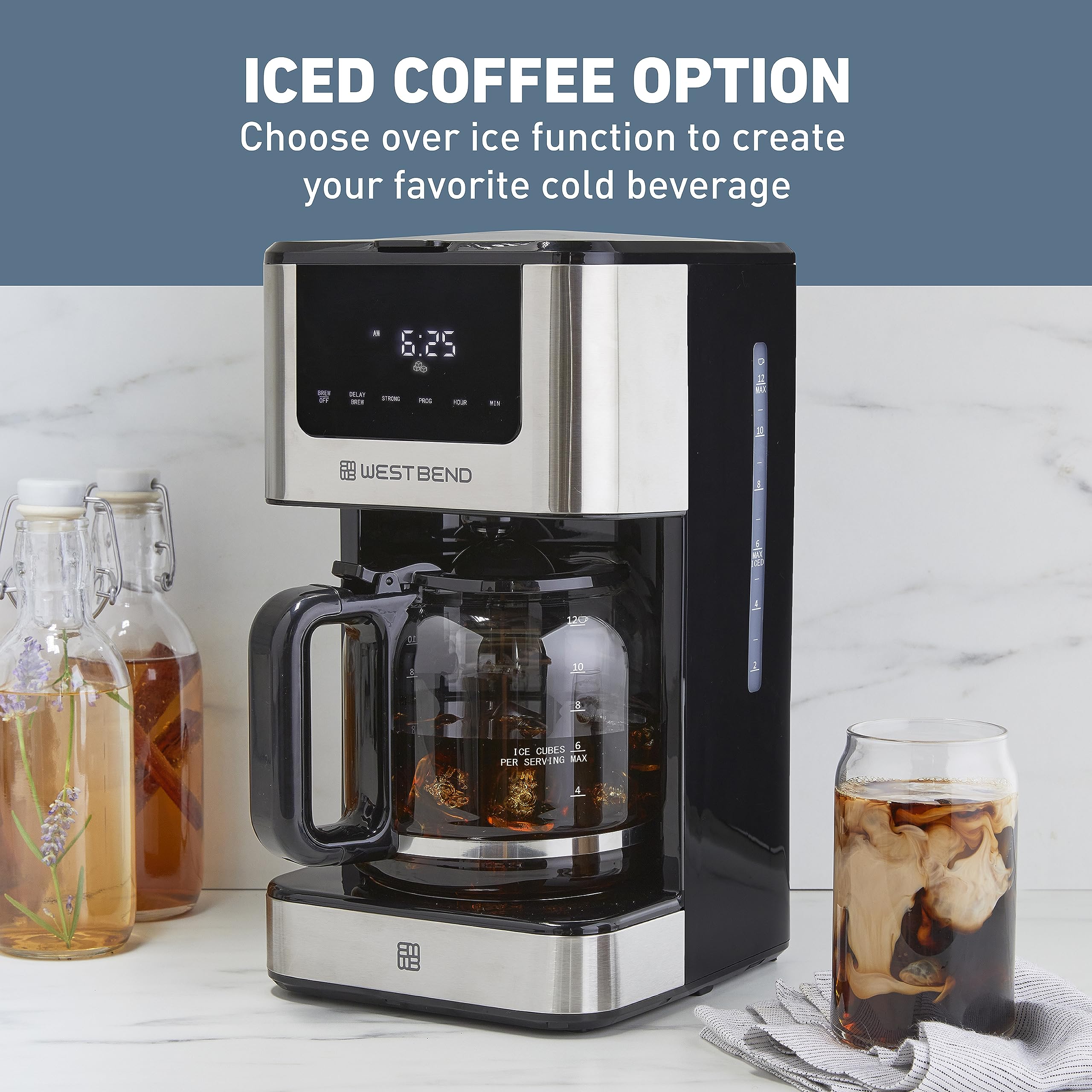 West Bend Drip Coffee Maker Brews Hot or Iced, Programmable with Brew Strength Selector Auto Shut-Off and 6 Functions Permanent Mesh Filter and Glass Carafe, 12-Cup, Metallic,Silver