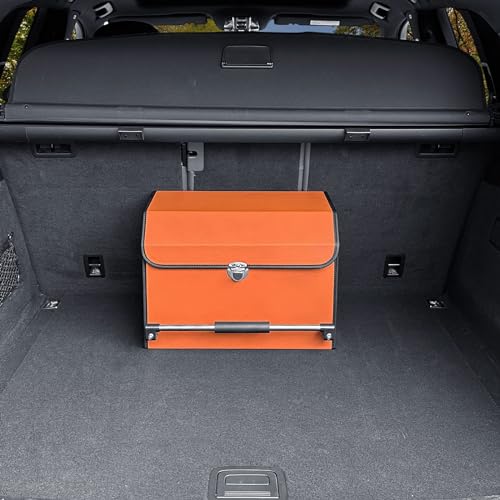 XCF Trunk Organizers for Suv, Collapsible Leather Car Trunk Organizer with Lid and Sturdy Handle for BMW Small Storage Box (11.4 x 16.9 x 12.2, Orange)